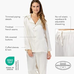 Fishers Finery Women's 100% Pure Mulberry Silk Long Pajama Set with Gift Box - Button Down Pj Top, Cool and Comfortable Loungewear (White, L)