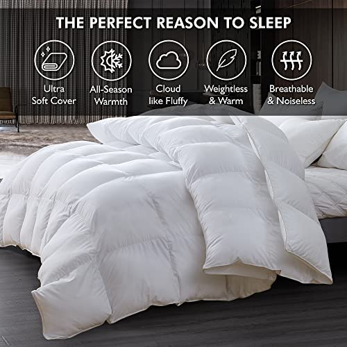 Luxurious Twin/Twin XL Size Goose Down Feather Comforter Down Feather Fiber Duvet 100% Egyptian Cotton Cover - Baffle Box Design - 50oz Fill Weight - Twin/Twin XL Duvet - Solid White