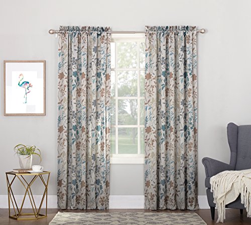 Sun Zero Kara Floral Print Energy Efficient Rod Pocket Single Curtain Panel, 54" x 84", Stone