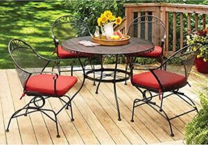 better homes and gardens clayton court 5-piece patio dining set, wrought iron table and 4 chairs, red cushions, seats 4