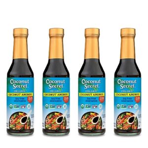 coconut secret, organic liquid coconut aminos, 8 fl oz (pack of 4), all-purpose seasoning sauce & marinade, soy-free soy sauce alternative, low sodium, low glycemic, vegan & gluten free stir fry sauce