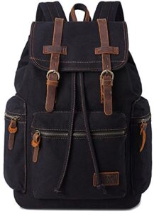 bluboon canvas vintage backpack leather casual bookbag men rucksack (black)