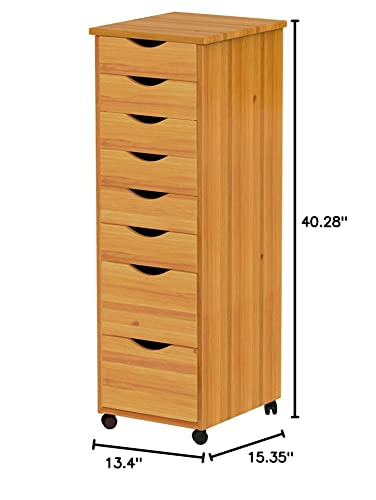 Adeptus Original Roll Cart, Solid Wood, 6+2 Drawer Narrow Drawers Roll Carts, Medium Pine     