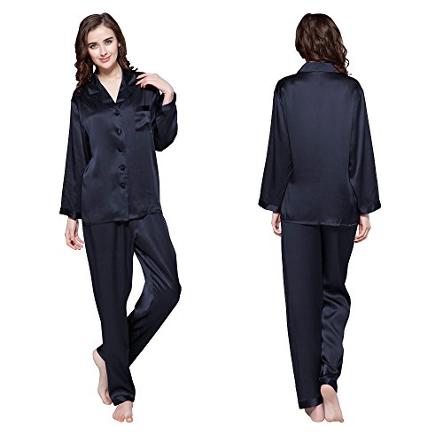 LilySilk Silk Pajamas for Women 100% Mulberry Silk 22 Momme Pajama Set Long Sleeve Button Down Sleepwear & Wide Trouser-Leg Pants Navy Blue M