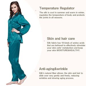 LilySilk Silk Pajamas for Women 100% Mulberry Silk 22 Momme Pajama Set Long Sleeve Button Down Sleepwear & Wide Trouser-Leg Pants Navy Blue M