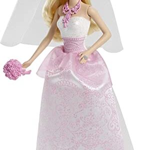 Barbie Bride Doll in Fairytale-Inspired White and Pink Wedding Dress with Ring, Veil and Bouquet, Blonde Hair