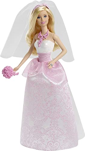 Barbie Bride Doll in Fairytale-Inspired White and Pink Wedding Dress with Ring, Veil and Bouquet, Blonde Hair