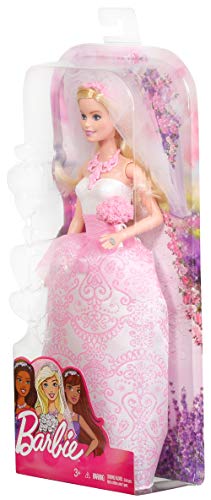 Barbie Bride Doll in Fairytale-Inspired White and Pink Wedding Dress with Ring, Veil and Bouquet, Blonde Hair