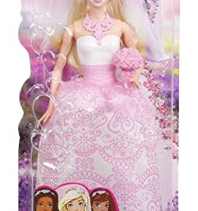 Barbie Bride Doll in Fairytale-Inspired White and Pink Wedding Dress with Ring, Veil and Bouquet, Blonde Hair