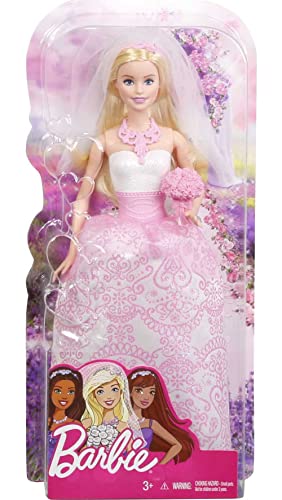 Barbie Bride Doll in Fairytale-Inspired White and Pink Wedding Dress with Ring, Veil and Bouquet, Blonde Hair