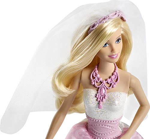 Barbie Bride Doll in Fairytale-Inspired White and Pink Wedding Dress with Ring, Veil and Bouquet, Blonde Hair