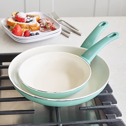 GreenLife Soft Grip Healthy Ceramic Nonstick 7" and 10" Frying Pan Skillet Set, PFAS-Free, Dishwasher Safe, Turquoise