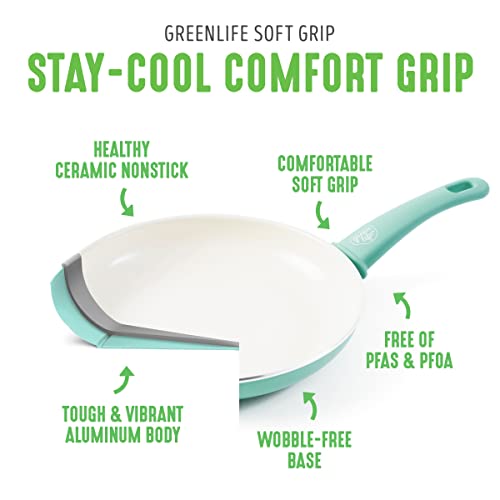 GreenLife Soft Grip Healthy Ceramic Nonstick 7" and 10" Frying Pan Skillet Set, PFAS-Free, Dishwasher Safe, Turquoise