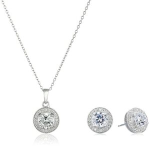 amazon collection womens sterling silver cubic zirconia halo pendant necklace and stud earrings jewelry set