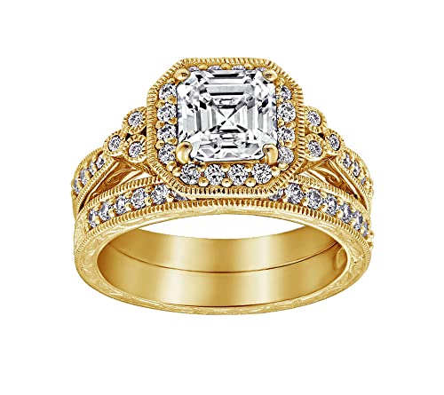 Amazon Collection Yellow-Gold-Plated Sterling Silver Antique Ring set with Asscher-Cut Infinite Elements Cubic Zirconia, Size 8