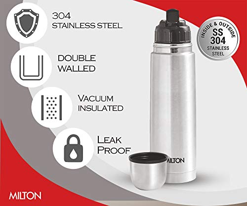 Milton Thermosteel Flip Lid Flask 500, Double Walled Vacuum Insulated 500 ml | 17 oz | 24 Hours Hot and Cold Water Bottle with Cover, 18/8 Stainless Steel, BPA Free, Food Grade, Leak-Proof | Silver