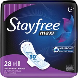 stayfree maxi overnight pads with wings for women, reliable protection and absorbency of feminine periods, 28 count