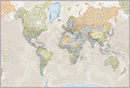 Maps International - Giant World Map Mural - Mega-Map Of The World Wallpaper - 91 x 62 - Classic colours