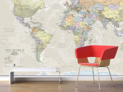 Maps International - Giant World Map Mural - Mega-Map Of The World Wallpaper - 91 x 62 - Classic colours