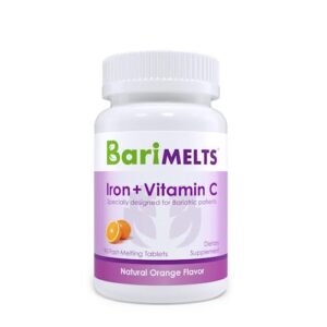 barimelts iron with vitamin c, dissolvable bariatric vitamins for wls patients including gastric bypass and sleeve gastrectomy, natural orange flavor - 90 fast melting tablets