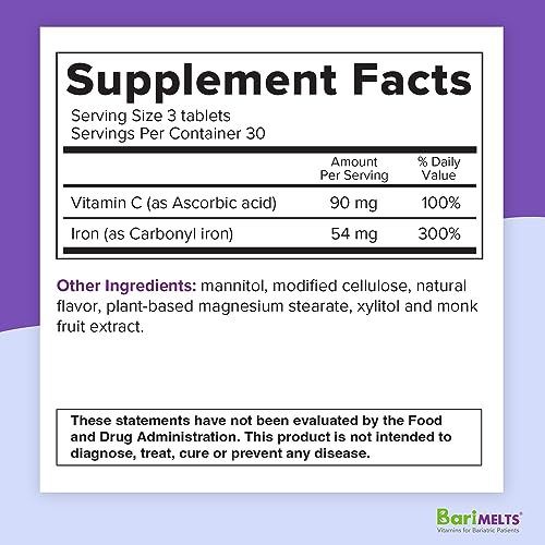 BariMelts Iron with Vitamin C, Dissolvable Bariatric Vitamins for WLS Patients Including Gastric Bypass and Sleeve Gastrectomy, Natural Orange Flavor - 90 Fast Melting Tablets