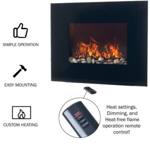 26-Inch Wall-Mounted Electric Fireplace – Indoor Glass Fireplace Heater with Pebble Fuel Effect – Adjustable Heat, Flames, and Brightness with Remote by Northwest (Black)