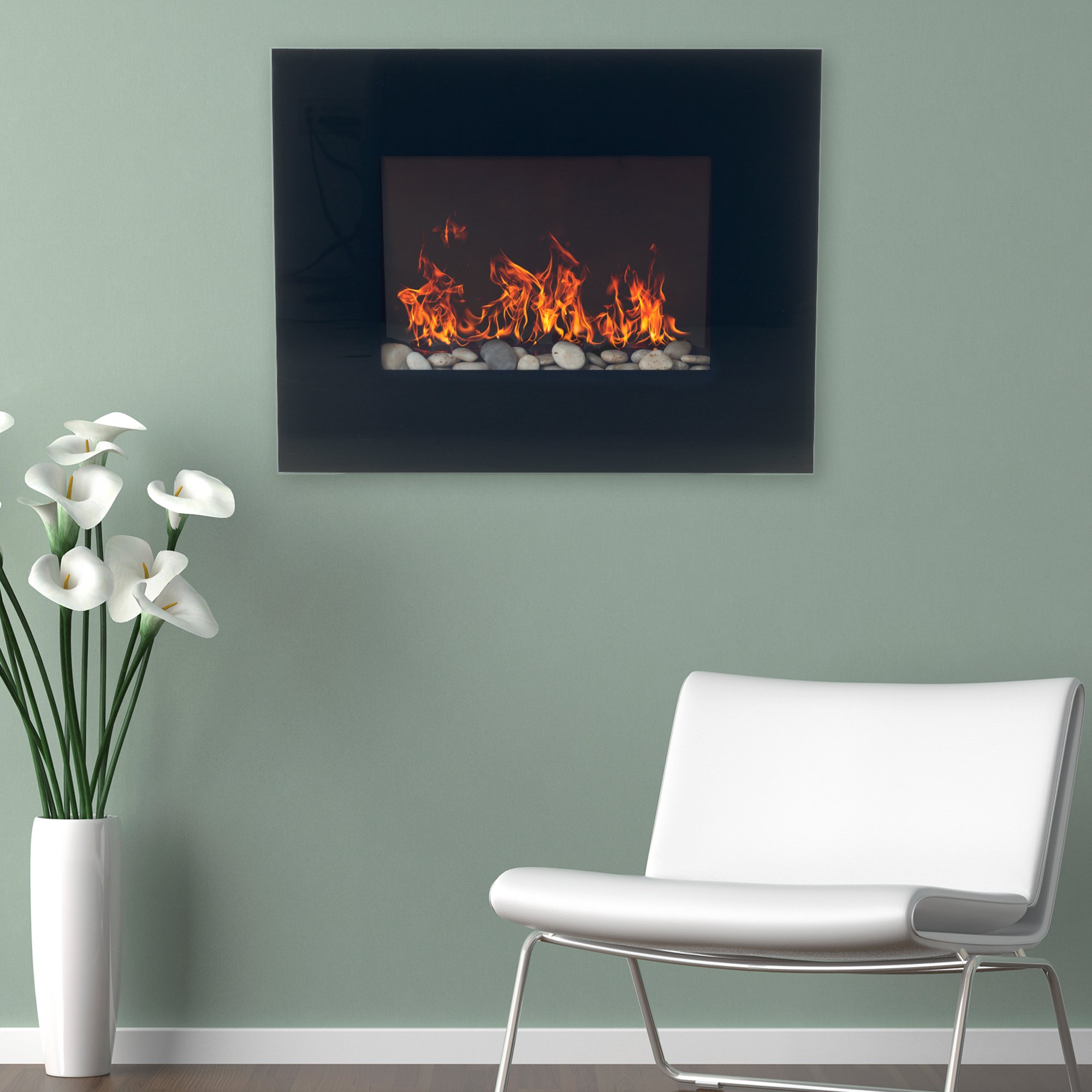 26-Inch Wall-Mounted Electric Fireplace – Indoor Glass Fireplace Heater with Pebble Fuel Effect – Adjustable Heat, Flames, and Brightness with Remote by Northwest (Black)