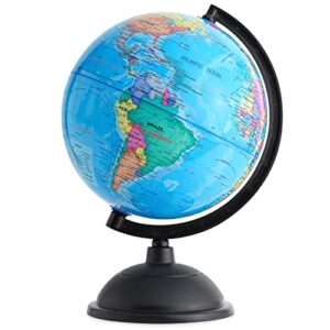 rotating world globe with stand for kids learning, spinning earth globe for classroom geography education (8 in)