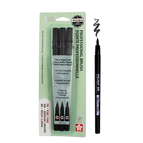 SAKURA Pigma Professional Brush Pens - Archival Black Ink Pens - Pens for Lettering, Modern Calligraphy, or Drawing - Brush Nibs - 3 Pack