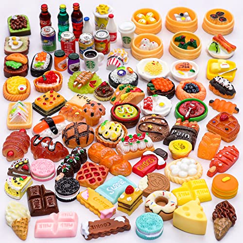 80 Pieces Micro Food & Drink Bottle Toys Mix Random Loaded Fake Doll House Kitchen Accessories Mini Play Fake Resin Doll House (Burger, Pizza, Cake, Ice Cream, Bread)