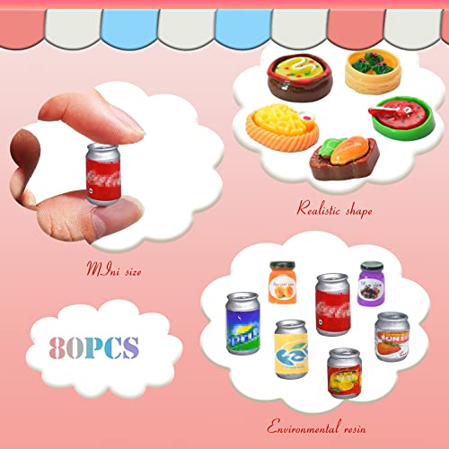 80 Pieces Micro Food & Drink Bottle Toys Mix Random Loaded Fake Doll House Kitchen Accessories Mini Play Fake Resin Doll House (Burger, Pizza, Cake, Ice Cream, Bread)