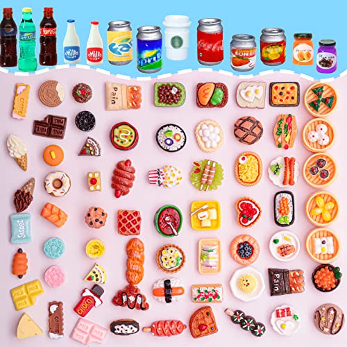 80 Pieces Micro Food & Drink Bottle Toys Mix Random Loaded Fake Doll House Kitchen Accessories Mini Play Fake Resin Doll House (Burger, Pizza, Cake, Ice Cream, Bread)