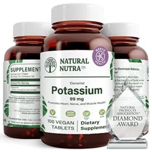 natural nutra elemental potassium gluconate dietary supplement, energy and nervous system health, maintains optimal fluid balance, promotes heart health, 99 mg, 100 vegan tablets