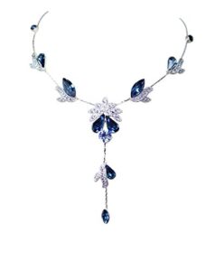 faship gorgeous dark blue crystal floral necklace earrings set - navy blue