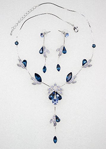 Faship Gorgeous Dark Blue Crystal Floral Necklace Earrings Set - Navy Blue