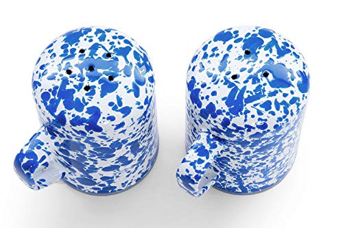 Enamelware Salt and Pepper Shaker Set, 11 ounce, Blue/White Splatter