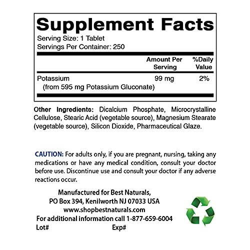 Best Naturals Potassium Gluconate Supplement 595 Mg Tablet, 250Count