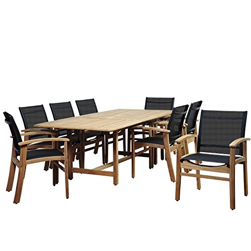 Amazonia Georgetown 9 Piece Teak Extendable Rectangular Dining Set with Black Sling Chairs