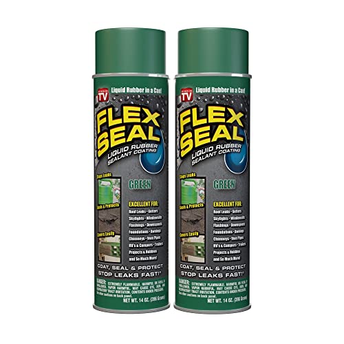 Flex Seal, 14 oz, 2-Pack, Green, Stop Leaks Instantly, Waterproof Rubber Spray On Sealant Coating, Perfect for Gutters, Wood, RV, Campers, Roof Repair, Skylights, Windows, and More