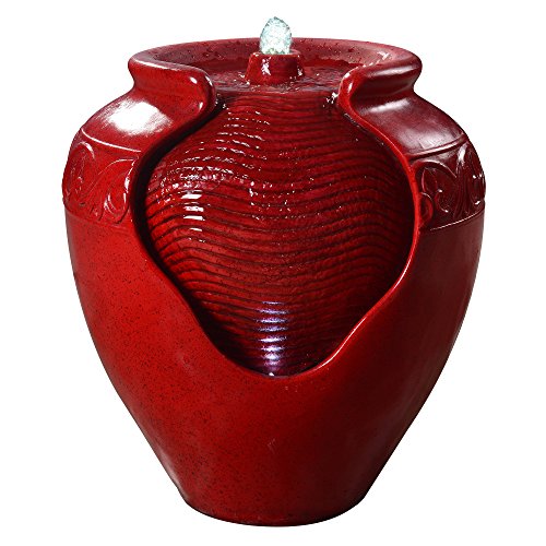 Teamson Home Floor Glazed Pot Water Fountain with Built-in LED Light and Pump for Outdoor Indoor Patio Garden Backyard Decking Home Décor, 17 inch Height, Red