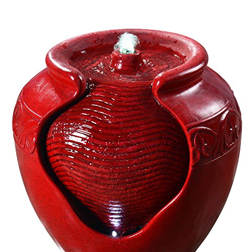 Teamson Home Floor Glazed Pot Water Fountain with Built-in LED Light and Pump for Outdoor Indoor Patio Garden Backyard Decking Home Décor, 17 inch Height, Red