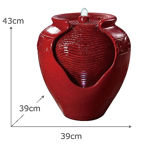 Teamson Home Floor Glazed Pot Water Fountain with Built-in LED Light and Pump for Outdoor Indoor Patio Garden Backyard Decking Home Décor, 17 inch Height, Red