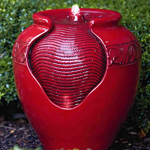 Teamson Home Floor Glazed Pot Water Fountain with Built-in LED Light and Pump for Outdoor Indoor Patio Garden Backyard Decking Home Décor, 17 inch Height, Red