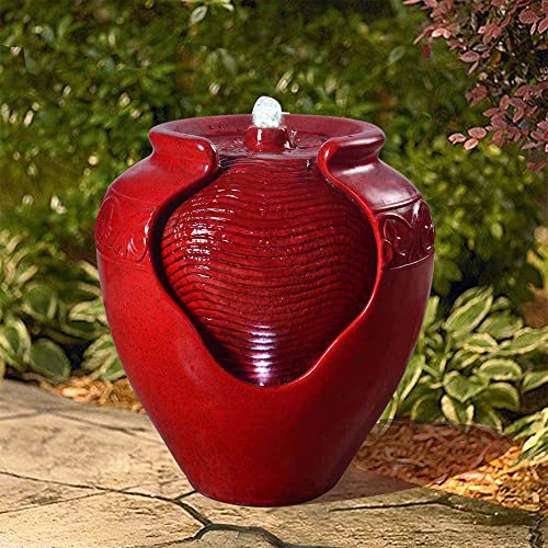 Teamson Home Floor Glazed Pot Water Fountain with Built-in LED Light and Pump for Outdoor Indoor Patio Garden Backyard Decking Home Décor, 17 inch Height, Red