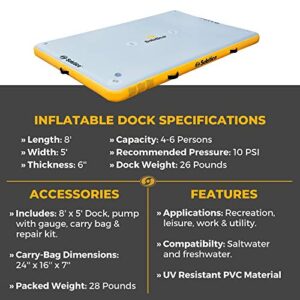 SOLSTICE ORIGINAL Floating Inflatable Dock Platform 8 X 5 FT Float For Lake Boat Pool Ocean | Water Mat Swim Deck Raft For Multiple Adults Kids Dogs | Heavy Duty Dropstitch 6 Inch Thick W/ Bag-&-Pump