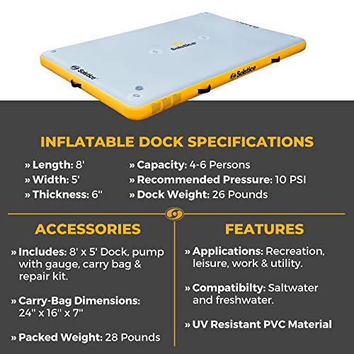 SOLSTICE ORIGINAL Floating Inflatable Dock Platform 8 X 5 FT Float For Lake Boat Pool Ocean | Water Mat Swim Deck Raft For Multiple Adults Kids Dogs | Heavy Duty Dropstitch 6 Inch Thick W/ Bag-&-Pump