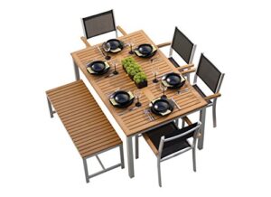 oxford garden 6 piece travira powder coated aluminum with natural tekwood & black sling seats dining set