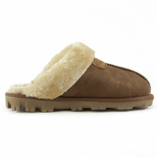 CLPP'LI Womens Slip on Faux Fur Warm Winter Mules Fluffy Suede Comfy Slippers-Tan-8