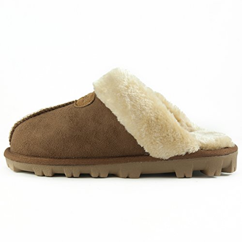 CLPP'LI Womens Slip on Faux Fur Warm Winter Mules Fluffy Suede Comfy Slippers-Tan-8