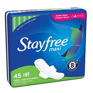 Stayfree Maxi Super Long Pads with Wings For Women, Reliable Protection and Absorbency of Feminine Periods, 45 count